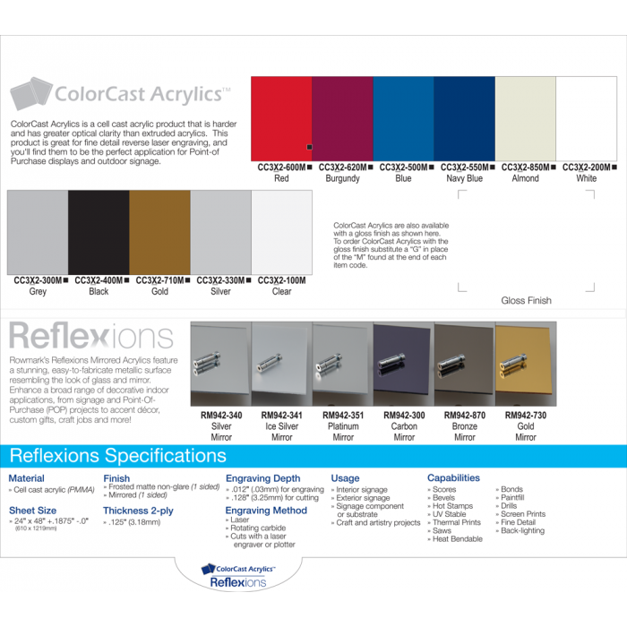 Rowmark Colorcast Acrylics and Reflexions Swatch Book Page